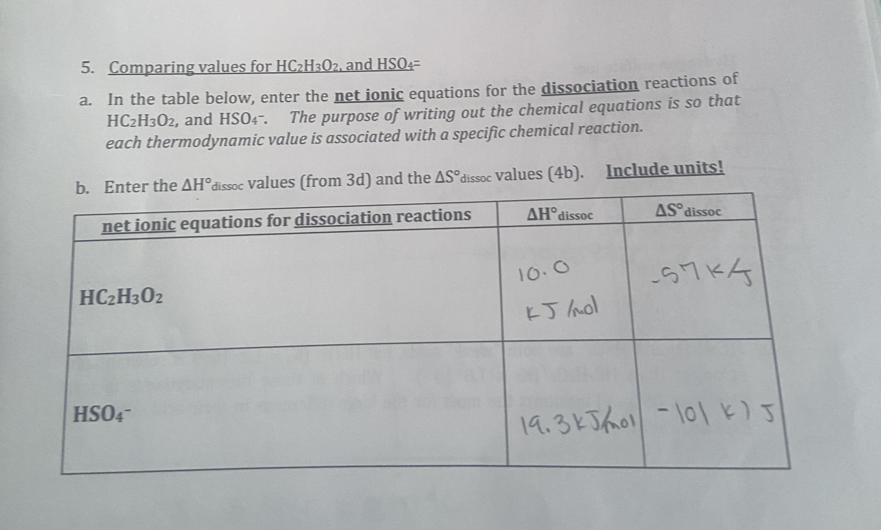 Solved 5. Comparing values for HC2H3O2, and HSO4= a. In the | Chegg.com