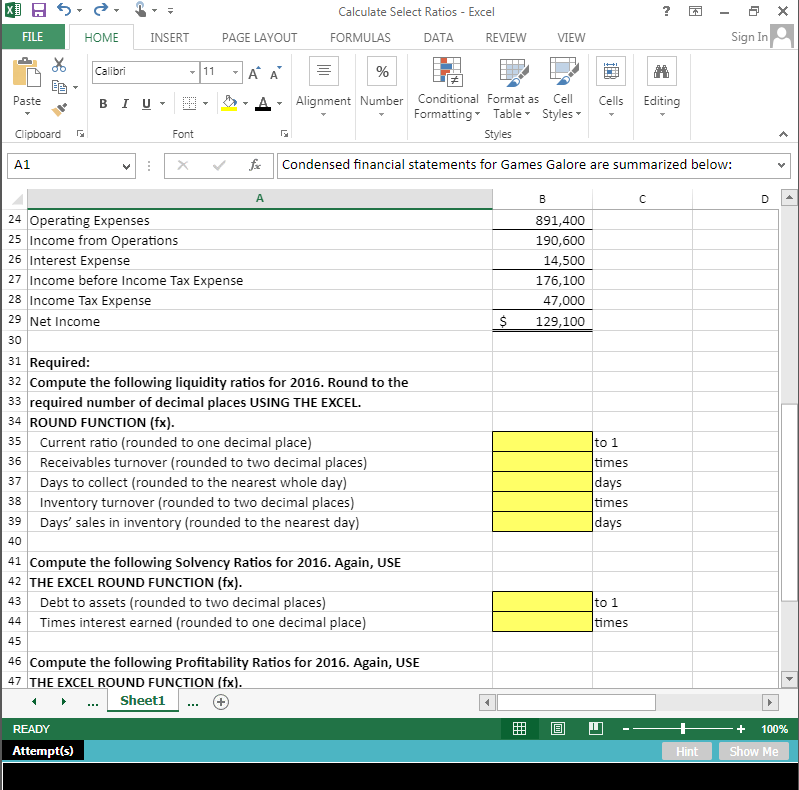 Solved $ Calculate Select Ratios - Excel ? El - FILE HOME | Chegg.com