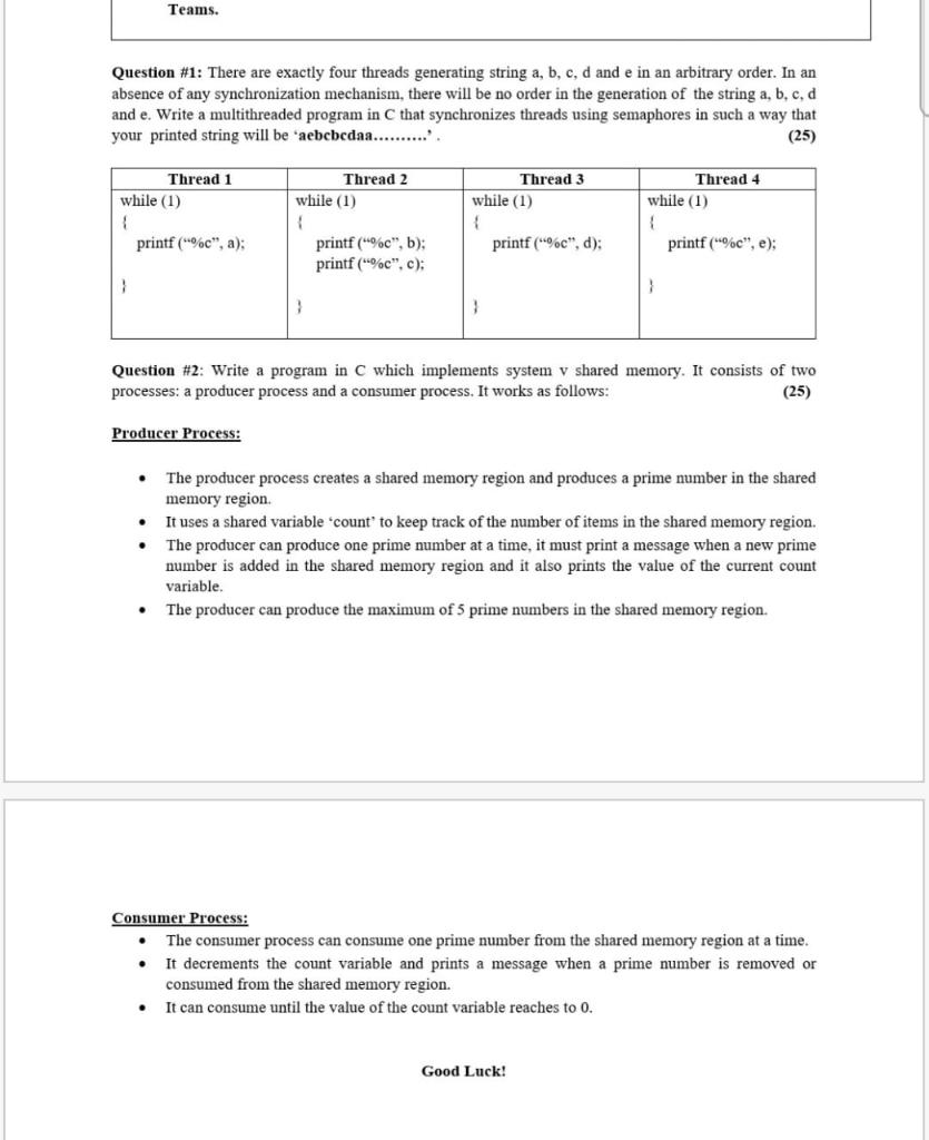 Solved Teams. Question #1: There are exactly four threads | Chegg.com