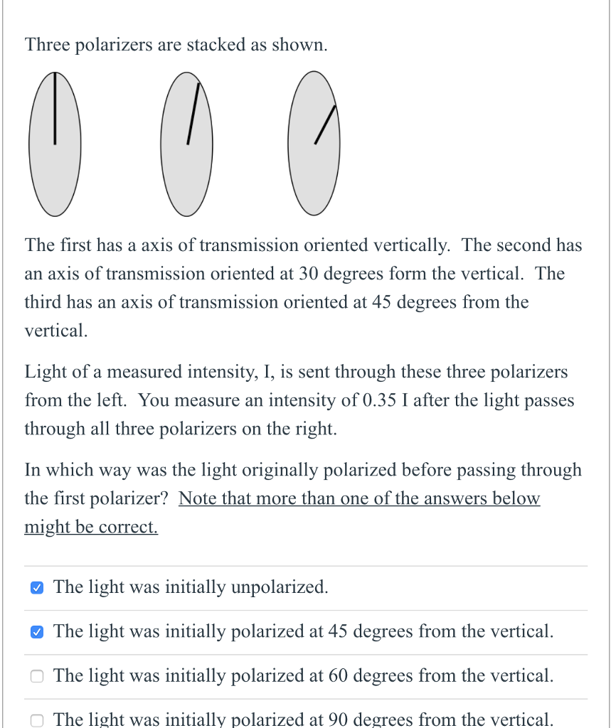 Solved Three polarizers are stacked as shown The first has a | Chegg.com