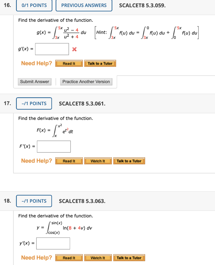Solved 16. 0/1 POINTS PREVIOUS ANSWERS SCALCET8 5.3.059. | Chegg.com