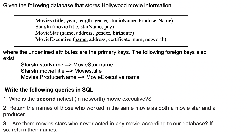 Given the following database that stores Hollywood | Chegg.com