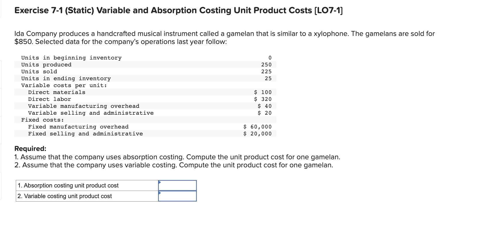 Solved Exercise 7-1 (Static) Variable and Absorption Costing | Chegg.com