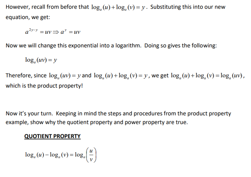 Solved PRODUCT PROPERTY log, (u)+log, (v)-log, (uv) Let's | Chegg.com