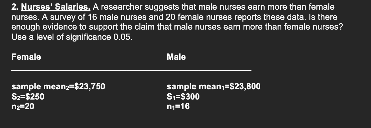 Solved Nurses' Salaries. A researcher suggests that male | Chegg.com