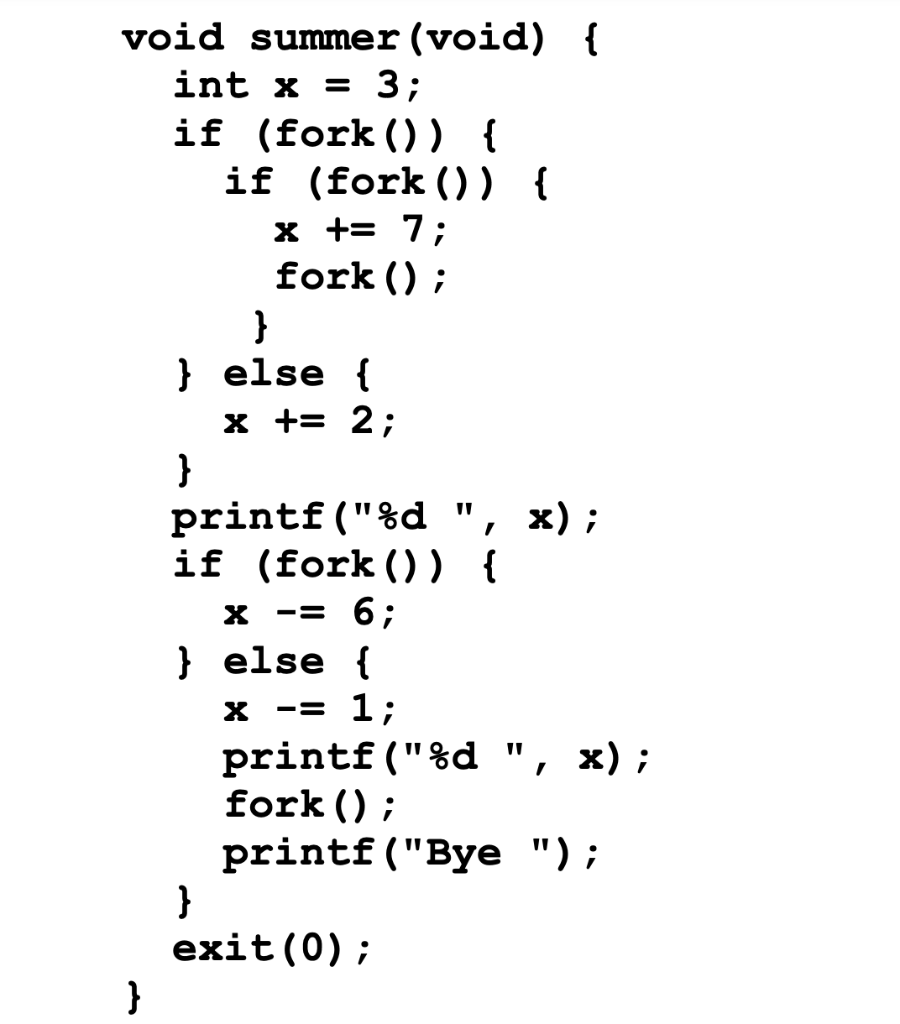 Solved void summer (void) { int x = 3; if (fork()) { if | Chegg.com