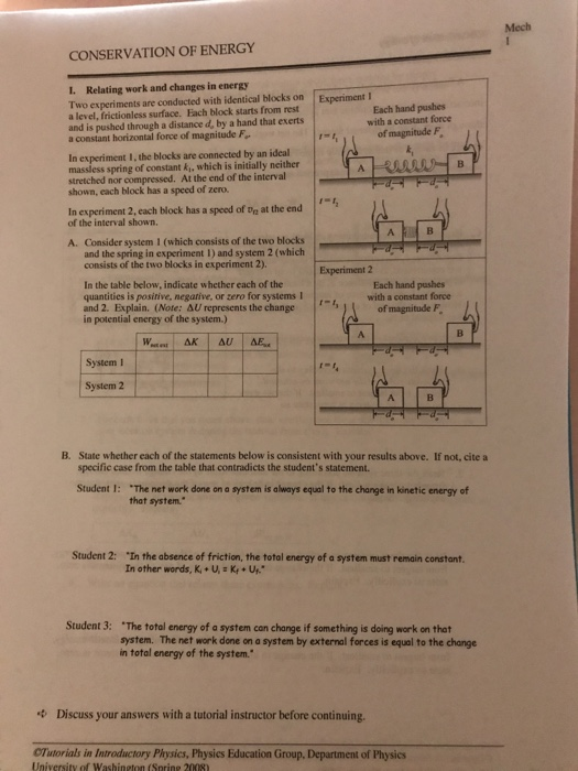 Mech CONSERVATION OF ENERGY I. Relating work and | Chegg.com