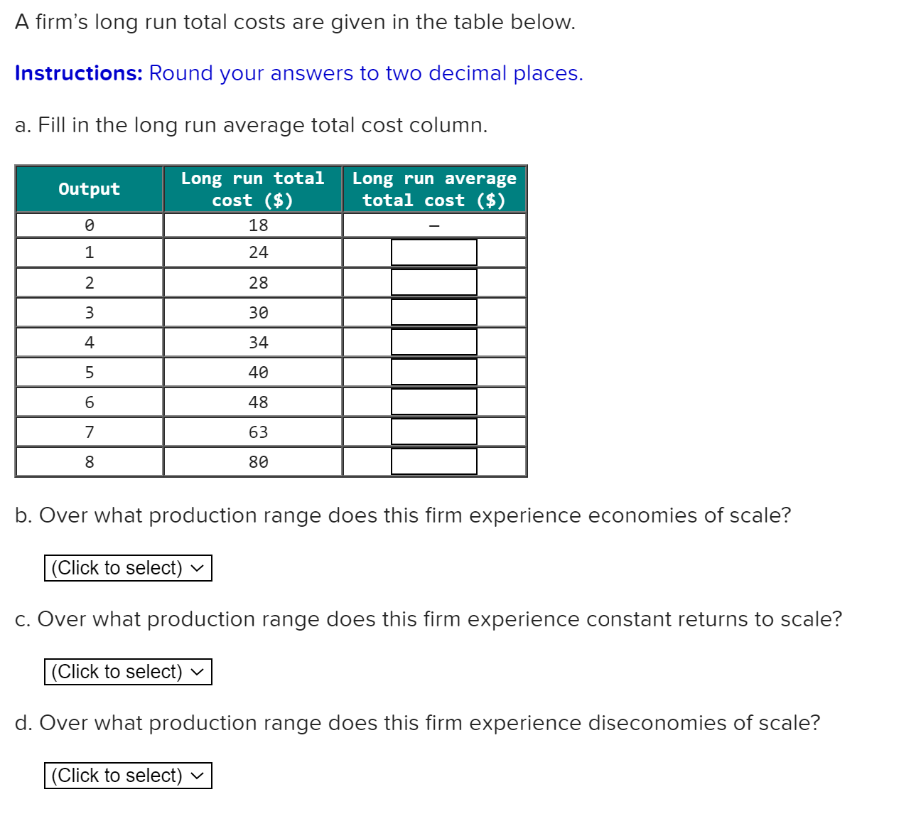 Solved A firm's long run total costs are given in the table | Chegg.com
