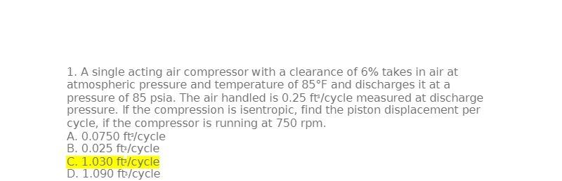 Solved 1. A single acting air compressor with a clearance of | Chegg.com