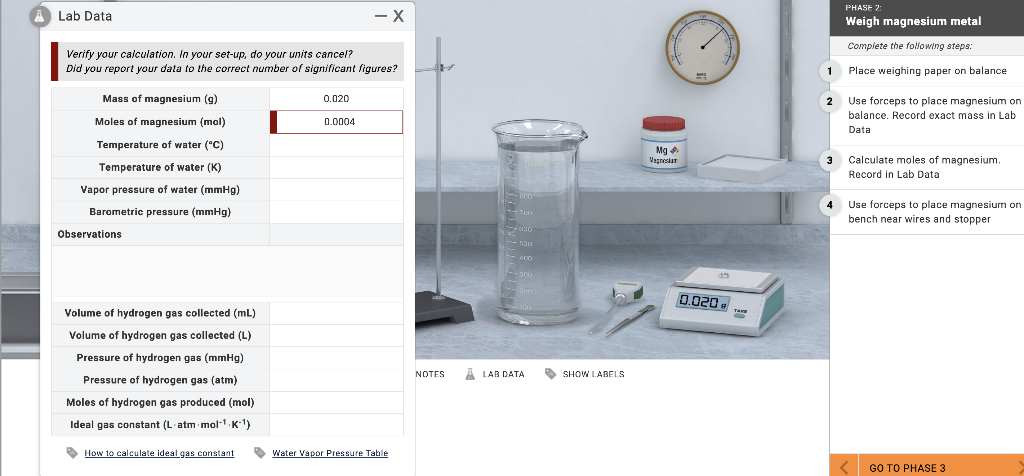 Solved Lab Data - X PHASE 2: Weigh magnesium metal Complete | Chegg.com