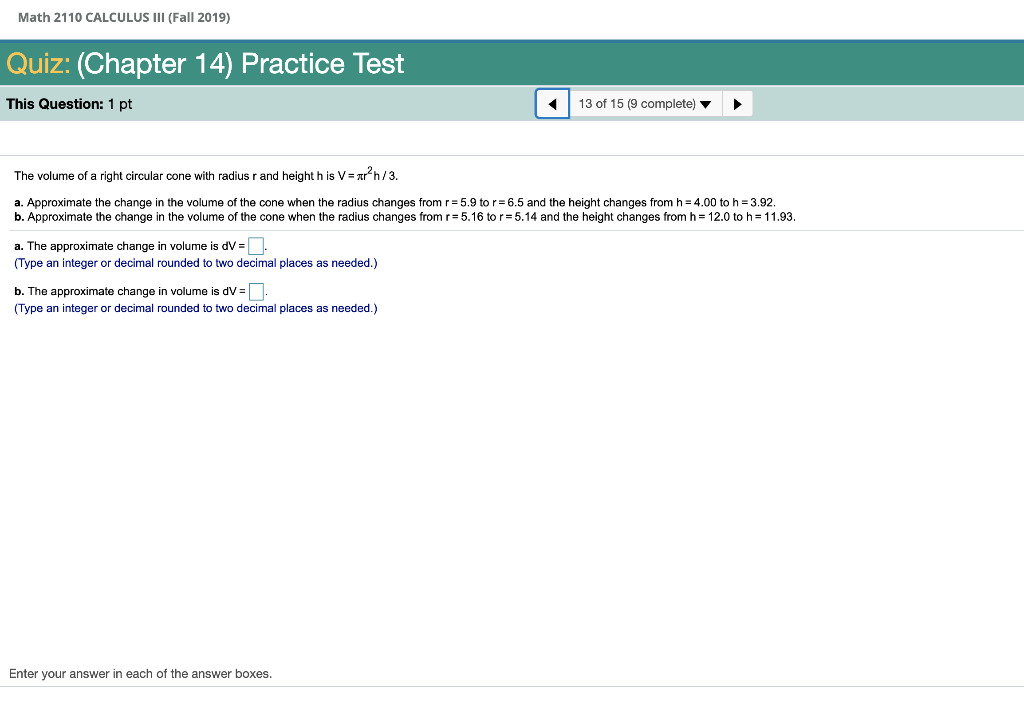 Solved Math 2110 CALCULUS III (Fall 2019) Quiz: (Chapter 14) | Chegg.com