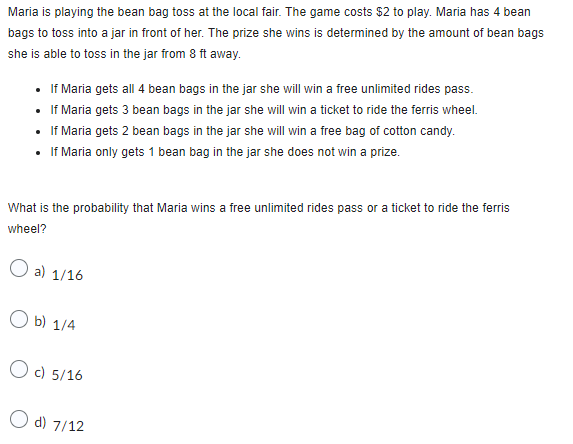 Solved Maria is playing the bean bag toss at the local fair. | Chegg.com