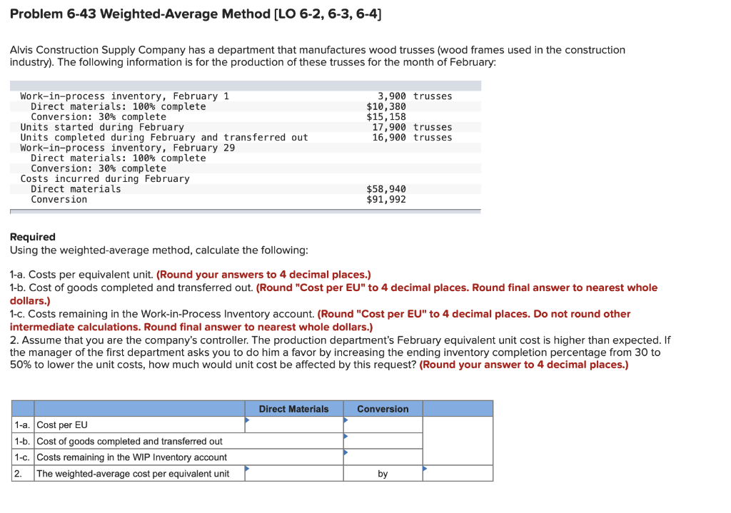 Solved Problem 6-43 Weighted-Average Method [LO 6-2, 6-3, | Chegg.com