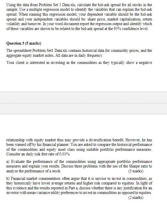 Using the data from Problem Set 1 Data.xls, calculate | Chegg.com