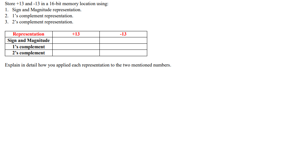 Solved Store +13 and -13 in a 16-bit memory location using: | Chegg.com