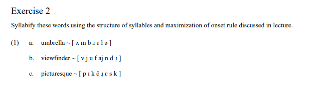 Exercise 2 Syllabify these words using the structure | Chegg.com