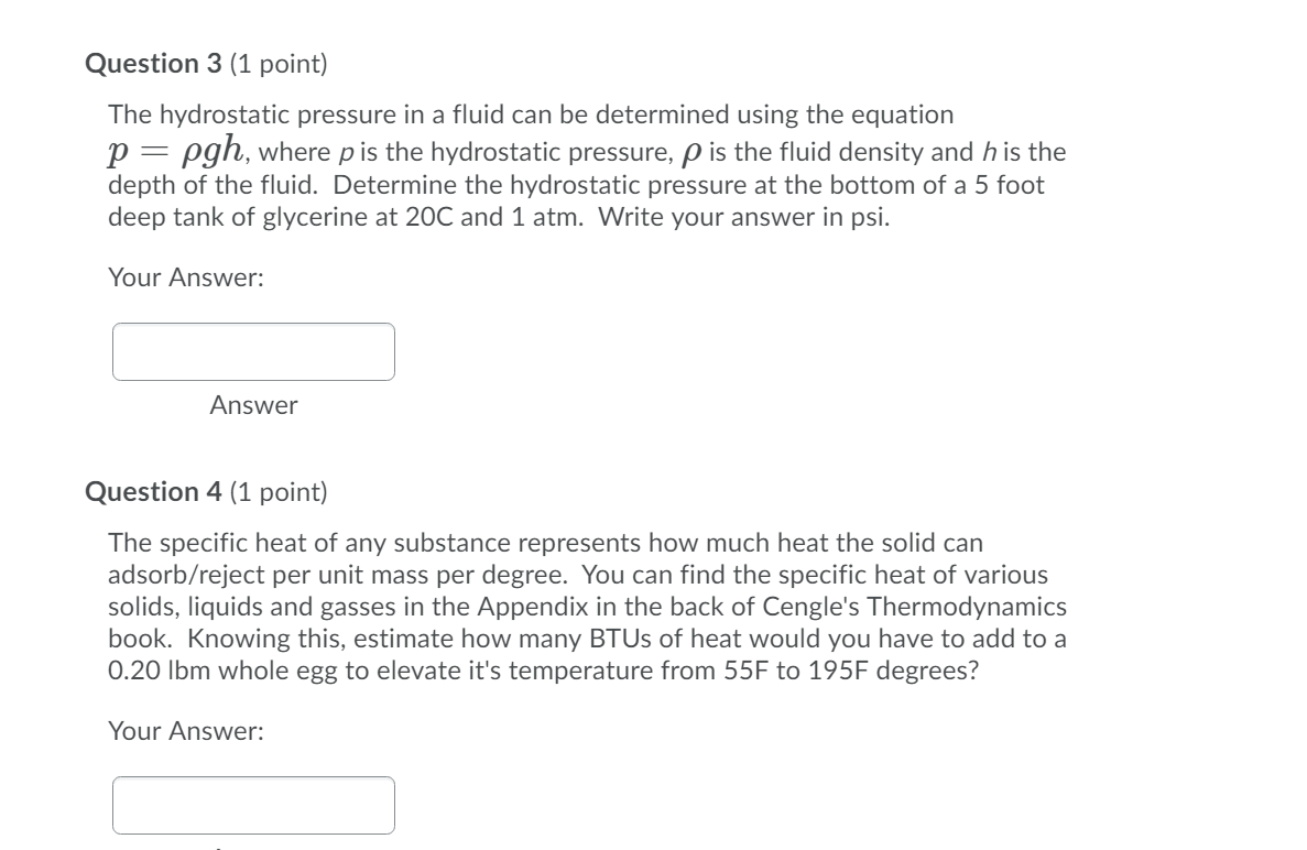 Solved Question 3 (1 point) The hydrostatic pressure in a | Chegg.com
