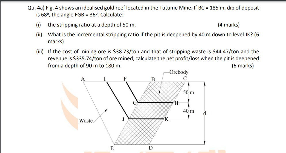 Solved Qu. 4a) Fig. 4 shows an idealised gold reef located | Chegg.com