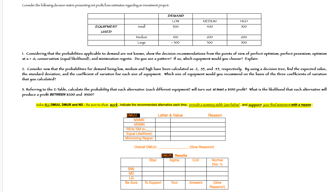Consider the following decision matrix presenting net | Chegg.com
