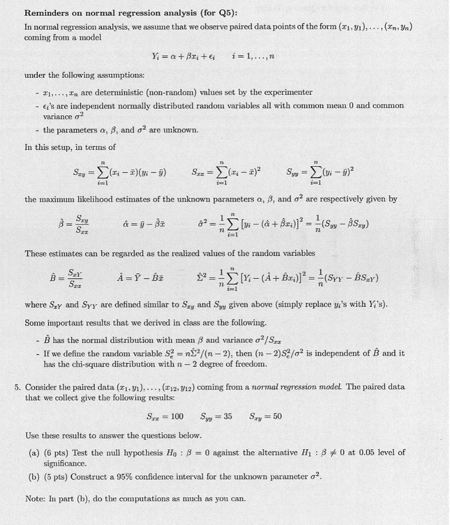 Solved Reminders On normal Regression Analysis for Q5 In Chegg