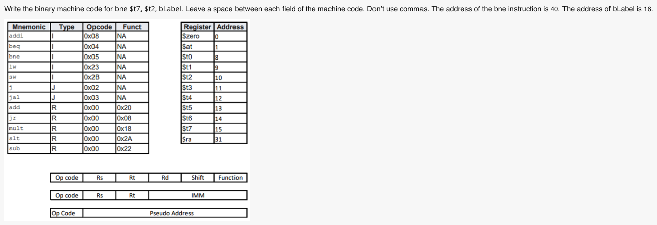 Solved Write the binary machine code for bne $t7, $t2, | Chegg.com