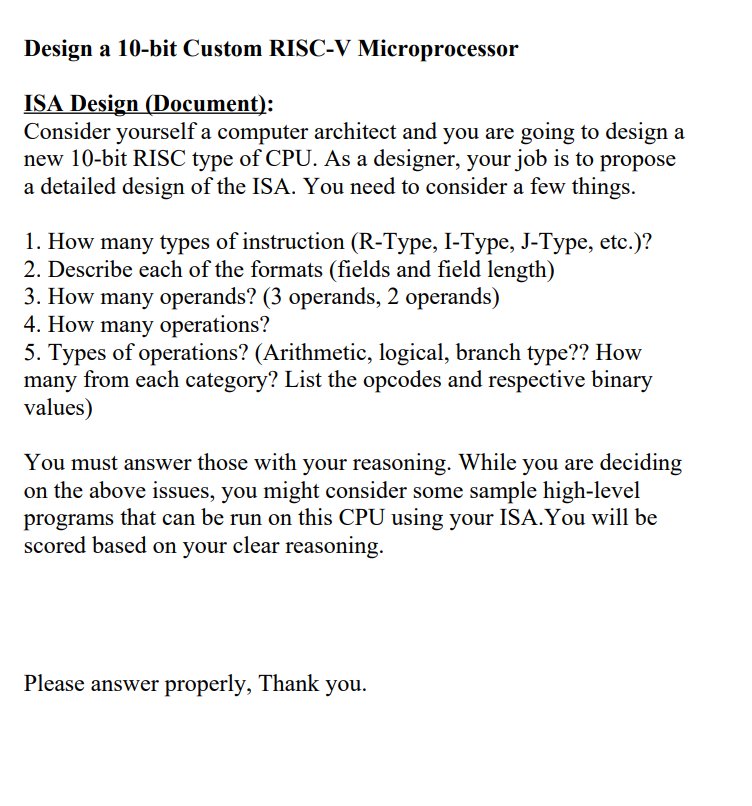 Design a 10-bit Custom RISC-V Microprocessor ISA | Chegg.com