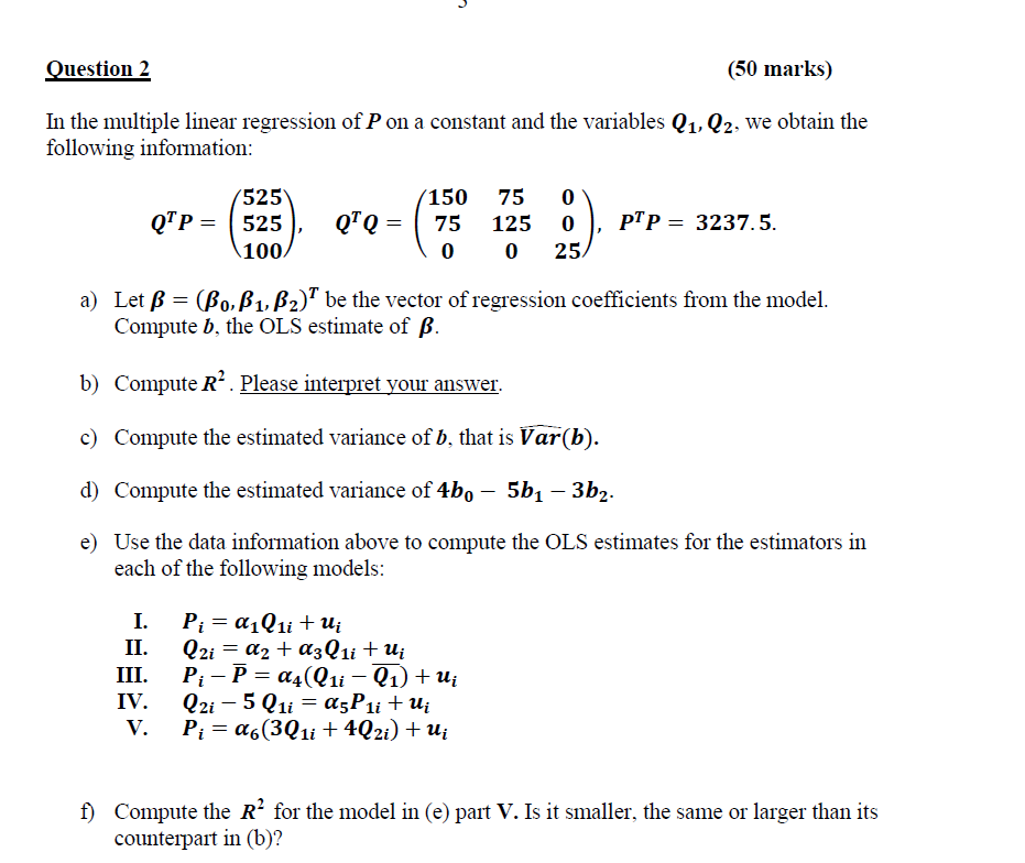 Question 2 (50 marks) In the multiple linear | Chegg.com