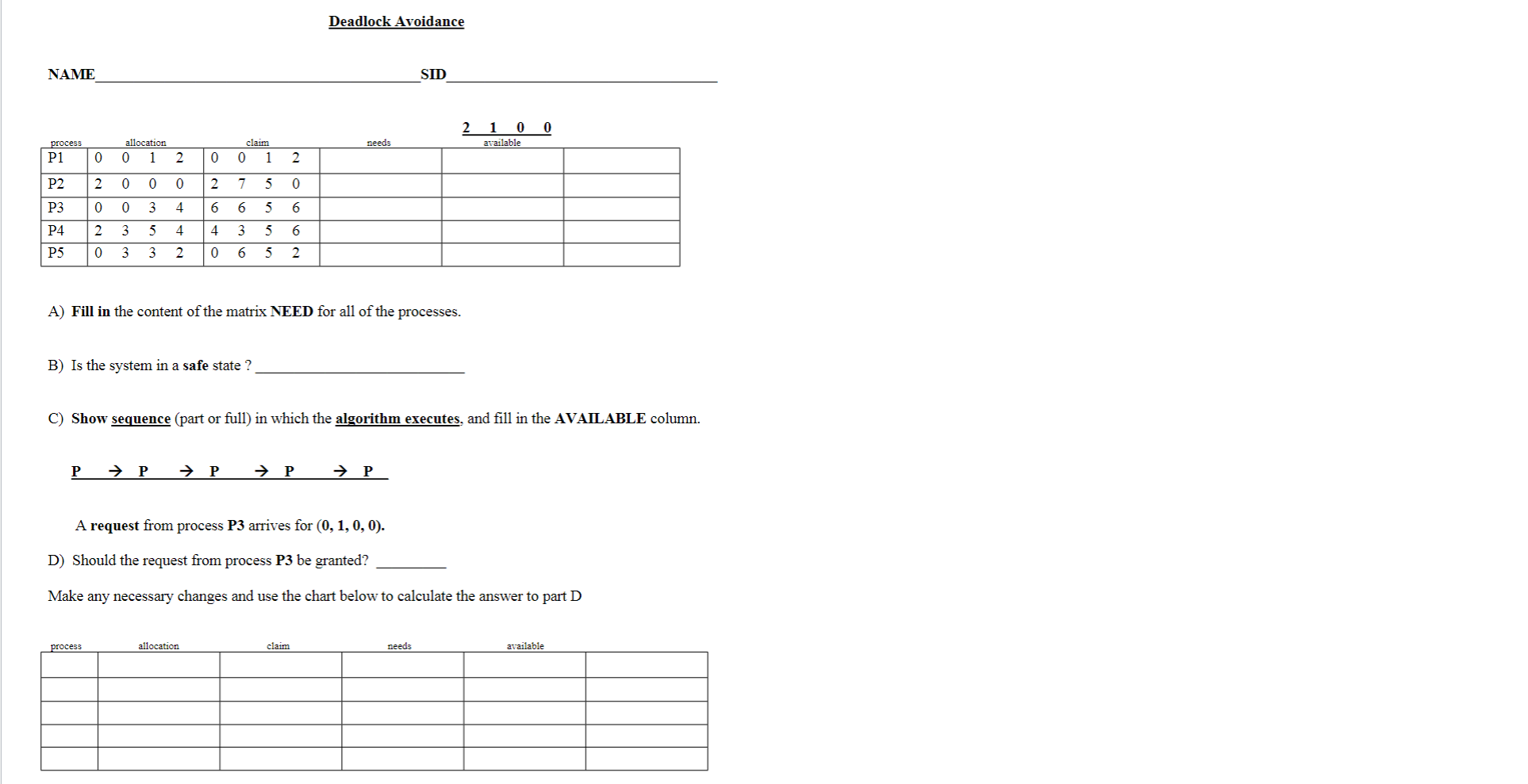 Solved Deadlock Avoidance NAME SID 110n A) Fill in the | Chegg.com