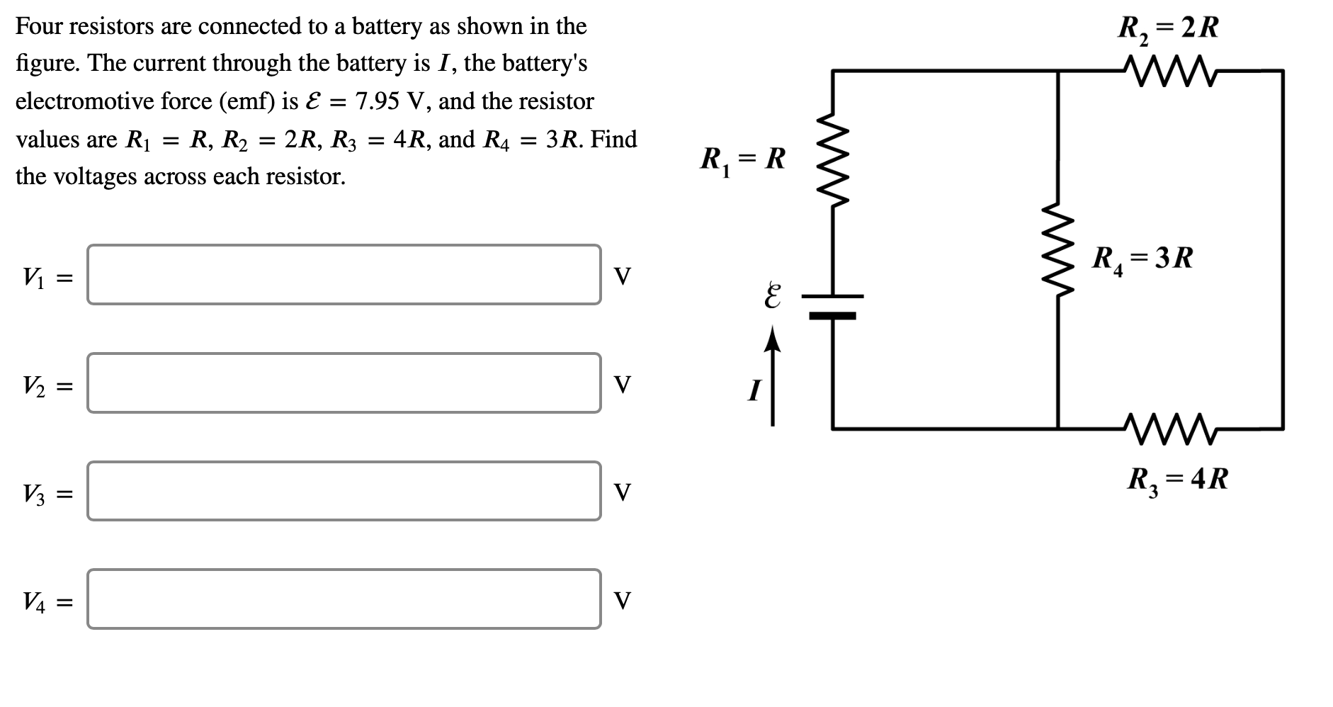 Solved R, = 2R Four resistors are connected to a battery as | Chegg.com