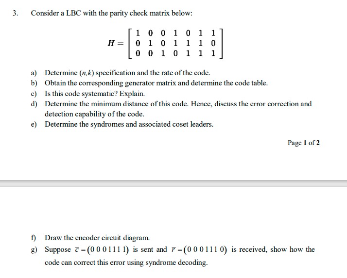 Consider a LBC with the parity check matrix | Chegg.com