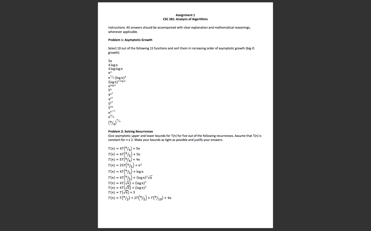 Assignment 1 CSC 581: Analysis of Algorithms | Chegg.com