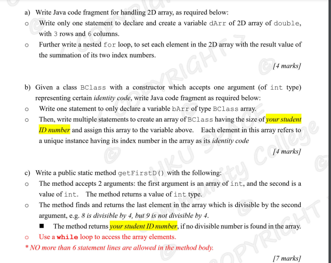 Solved A Write Java Code Fragment For Handling 2d Array As 3679