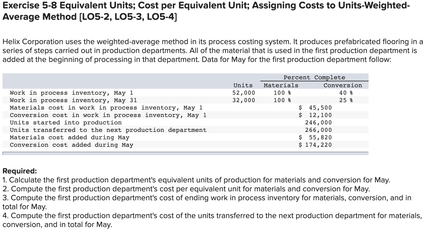 Solved Exercise 5-8 Equivalent Units; Cost per Equivalent | Chegg.com