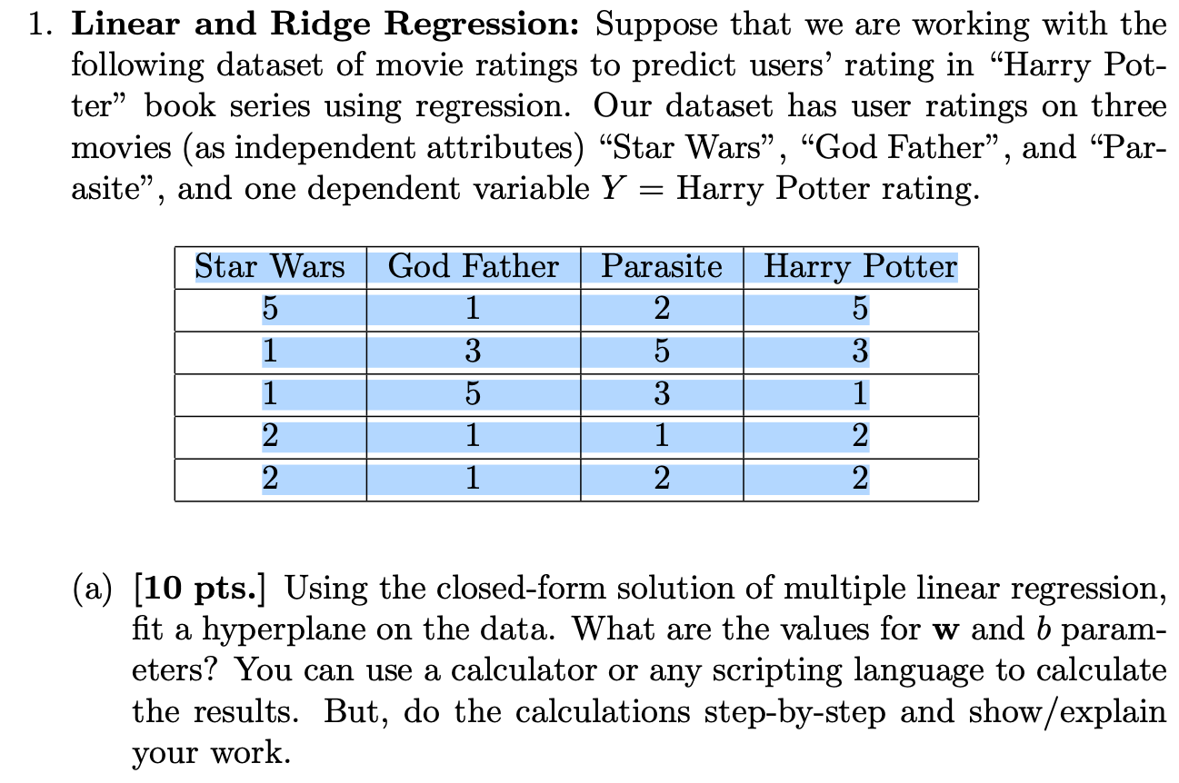 Solved 1. Linear and Ridge Regression: Suppose that we are | Chegg.com