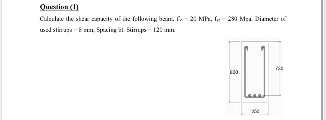 Solved Question (1) Calculate the shear capacity of the | Chegg.com
