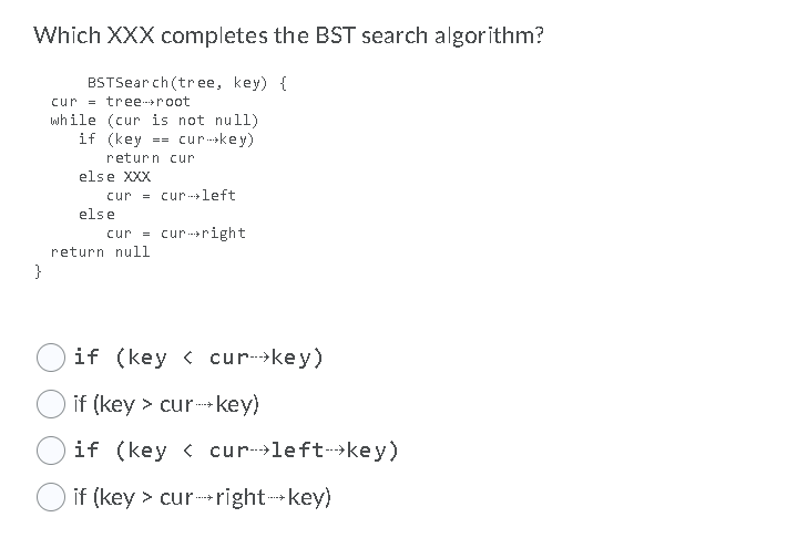 Solved Which XXX completes the BST search algorithm? cur = | Chegg.com