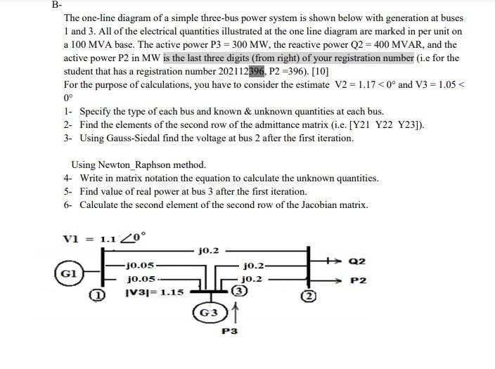 B- The one-line diagram of a simple three-bus power | Chegg.com