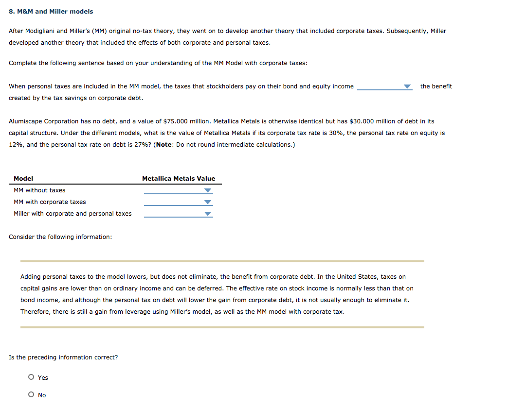 Solved 8. M&M and Miller models After Modigliani and | Chegg.com