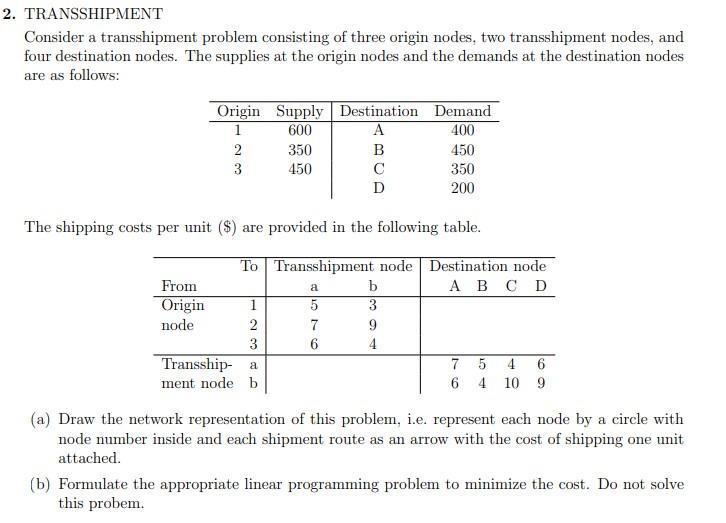 Solved TRANSSHIPMENT Consider a transshipment problem | Chegg.com