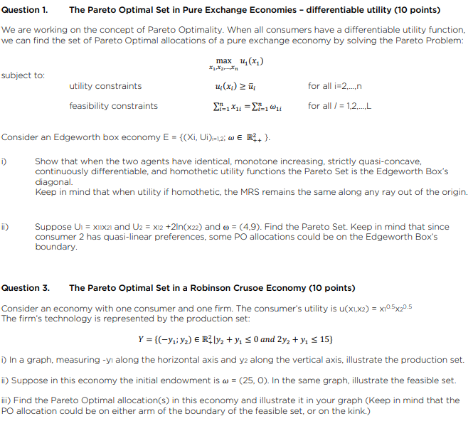 Solved Question 1. The Pareto Optimal Set in Pure Exchange | Chegg.com