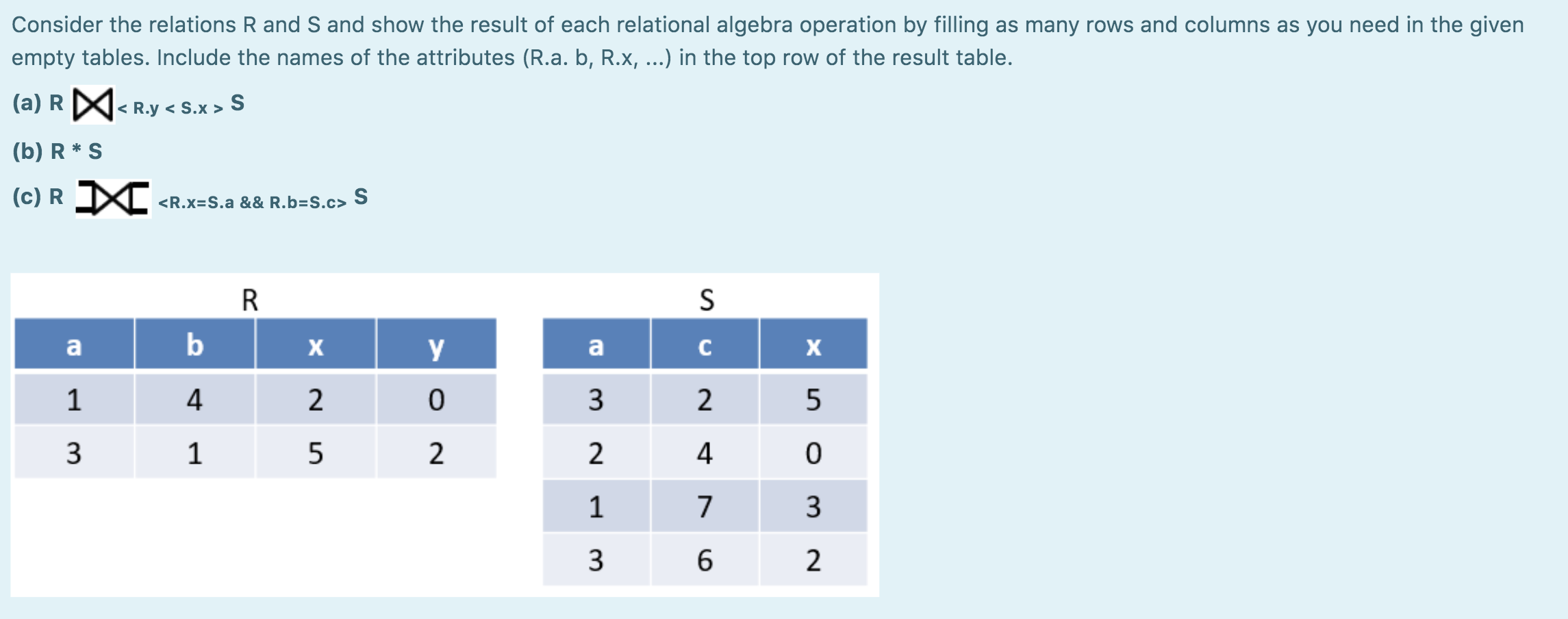 Solved Consider the relations R and S and show the result of | Chegg.com