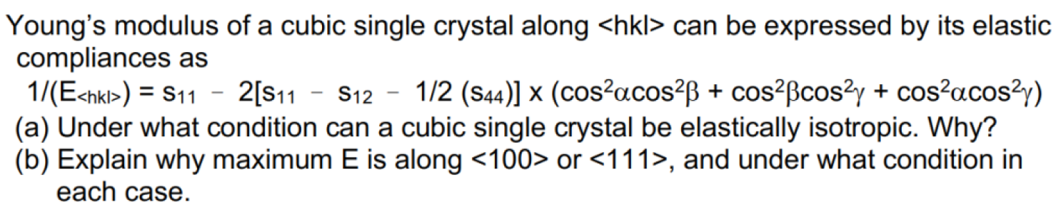 Young's modulus of a cubic single crystal along | Chegg.com