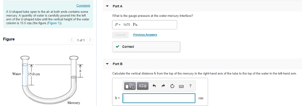 Solved Constants Part A A U-shaped tube open to the air at | Chegg.com