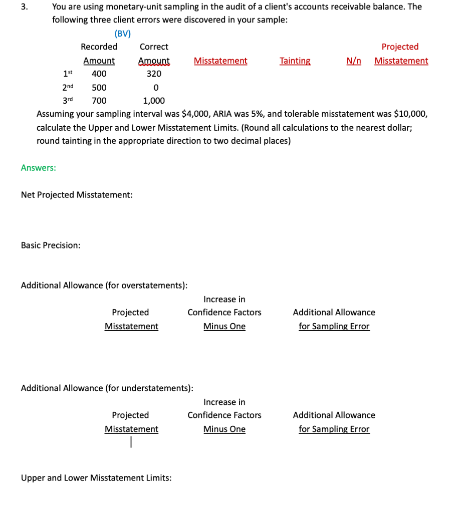 Solved 3. You are using monetary-unit sampling in the audit | Chegg.com