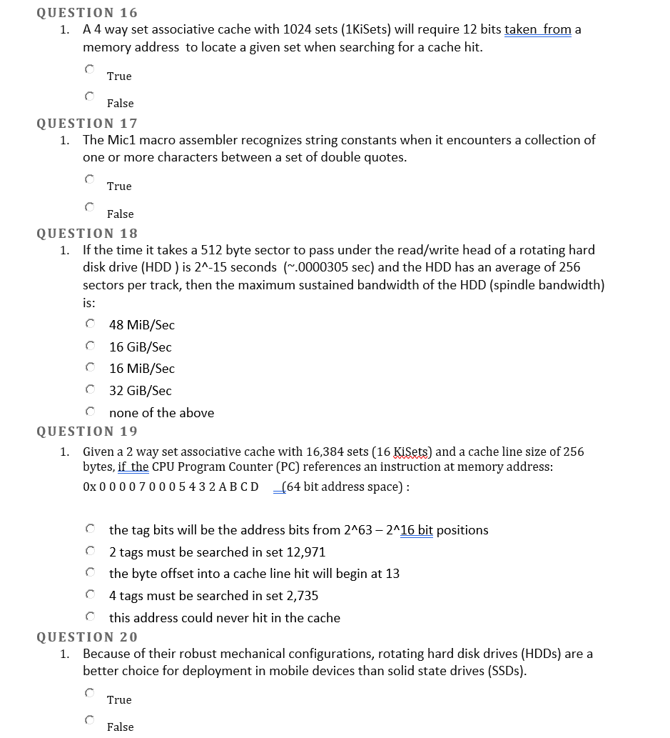 Solved QUESTION 16 1. A4 way set associative cache with 1024 | Chegg.com