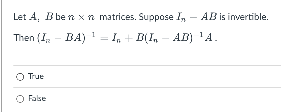 Solved Let A, B ben x n matrices. Suppose In AB is | Chegg.com