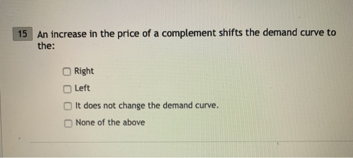Solved 15 An increase in the price of a complement shifts | Chegg.com