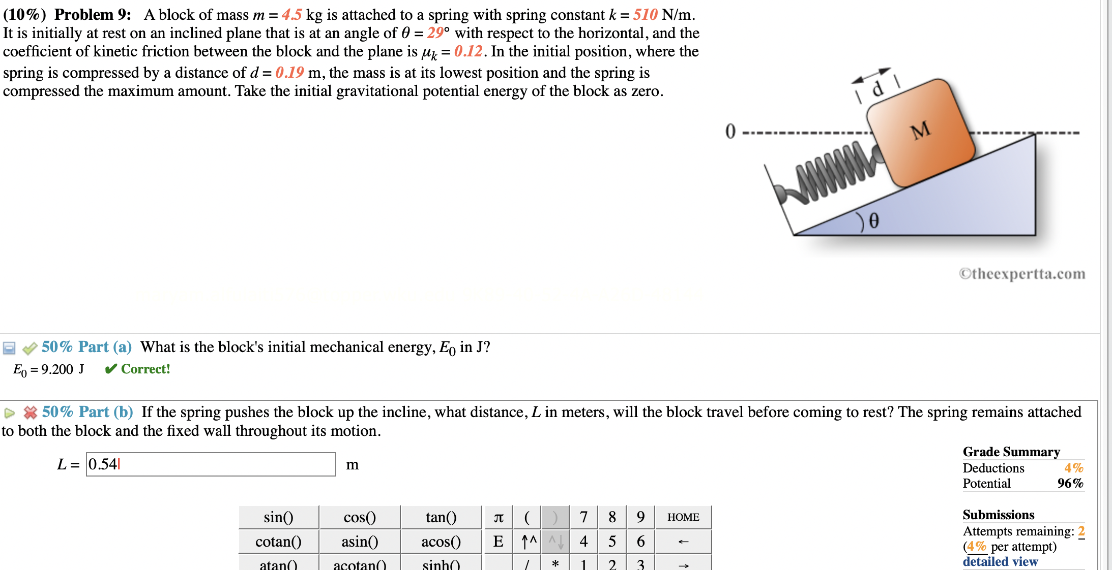 Solved (10\%) Problem 9: A block of mass m=4.5 kg is | Chegg.com