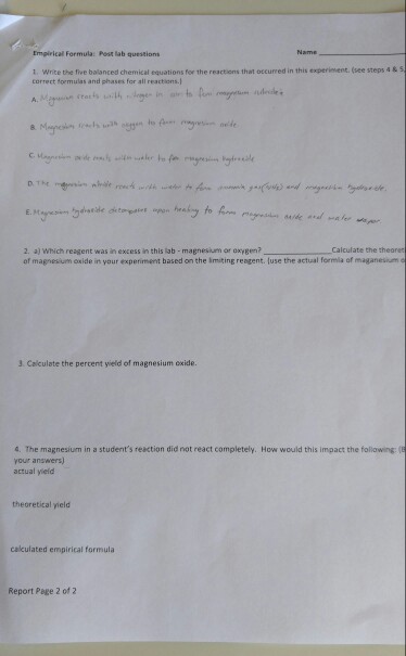 Solved Empirical Formula: Post lab questions 1. Write the | Chegg.com