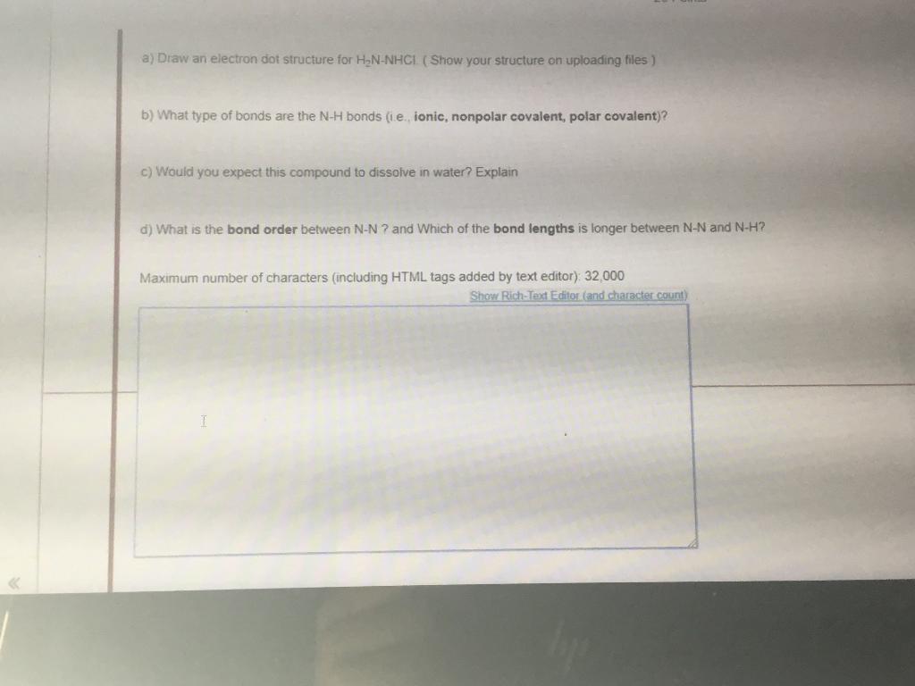 Solved a) Draw an electron dot structure for H2N-NHCI ( Show | Chegg.com